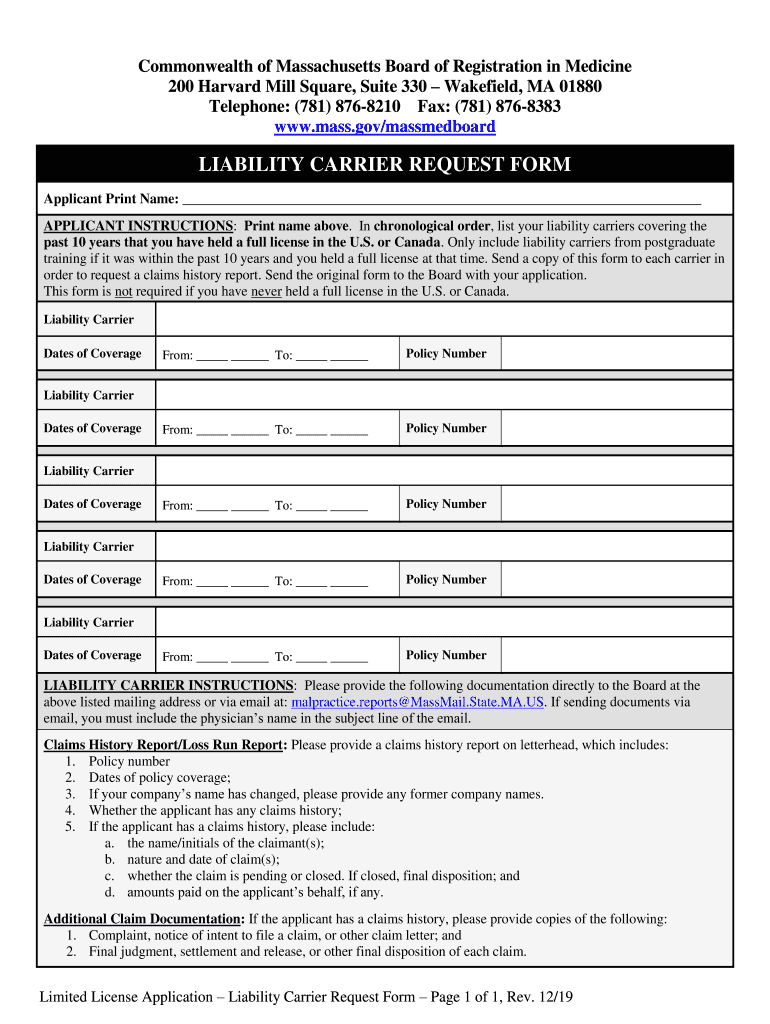 MA Liability Carrier Request Form - Fill Online, Printable, Fillable ...
