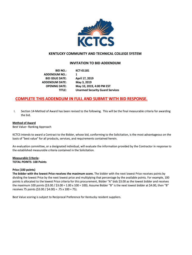 Fillable Online systemoffice kctcs COMPLETE THIS ADDENDUM IN FULL AND ...