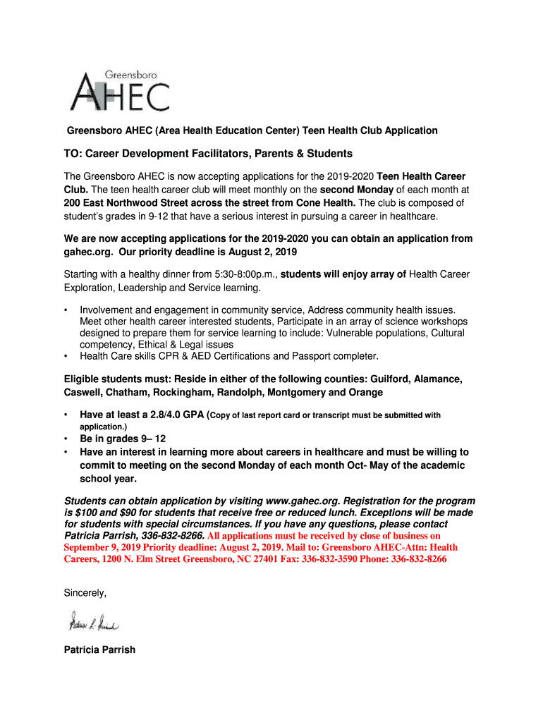 Fillable Online Greensboro AHEC (Area Health Education Center) Teen Health Club Application Fax ...