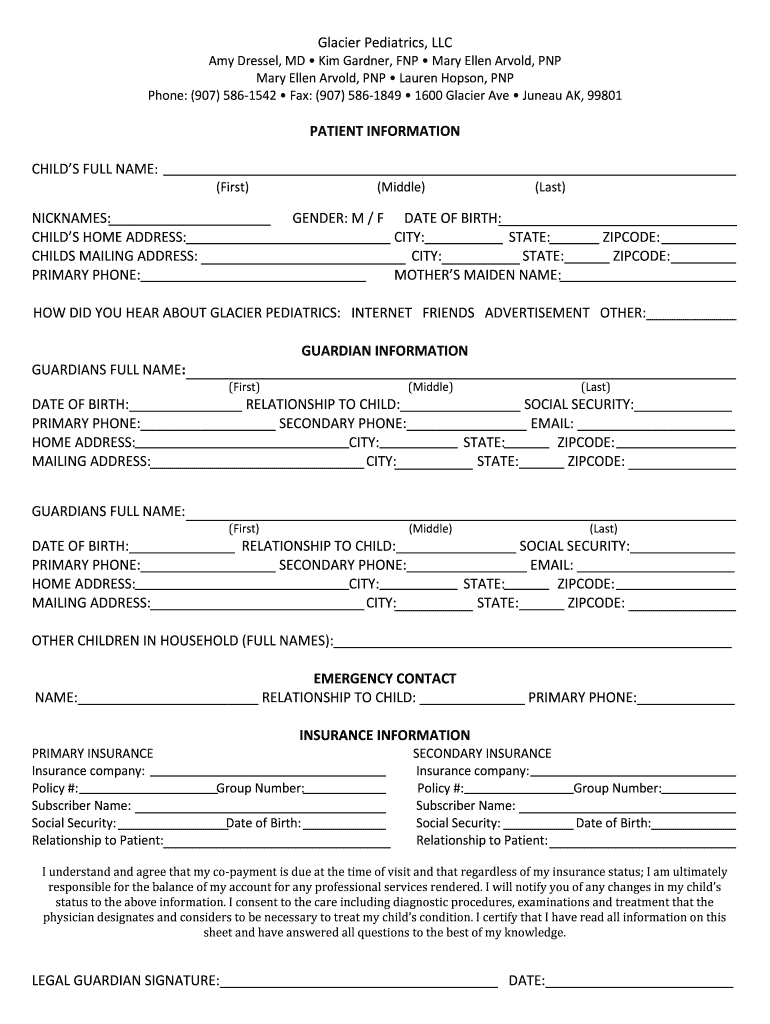 Fillable Online Glacier Pediatrics, LLC Amy Dressel, MD Mary Ellen ...