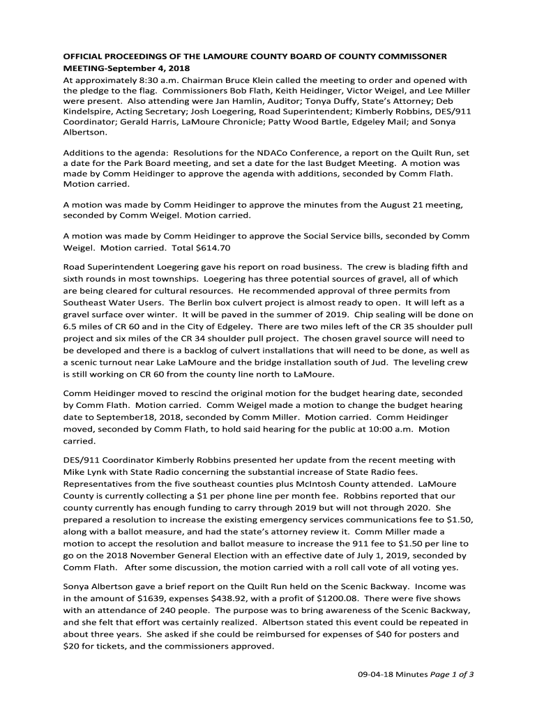 Fillable Online Commissioners Bob Flath, Keith Heidinger, Victor Weigel ...