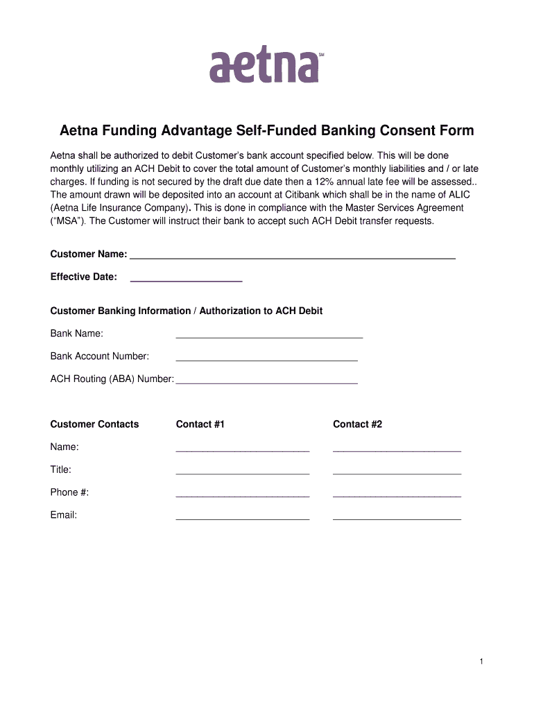 Fillable Online Aetna Funding Advantage Self-Funded Banking Consent ...