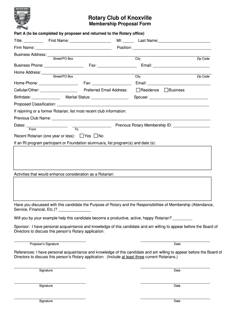 Fillable Online Rotary Club of Knoxville Membership Proposal Form Fax ...