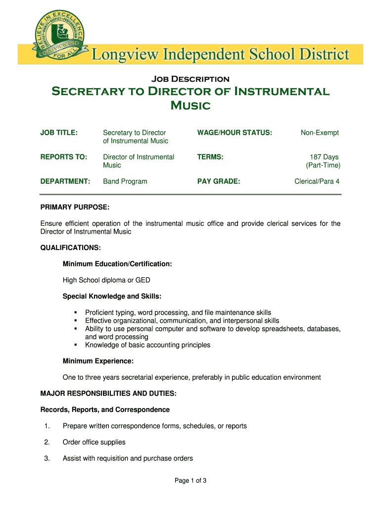 Fillable Online w3 lisd Secretary Job Description Sample Template (FREE ...