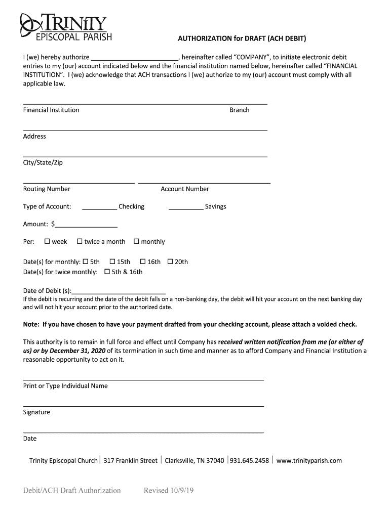 Fillable Online ACH.Bank Draft Authorization - Trinity Episcopal Church ...