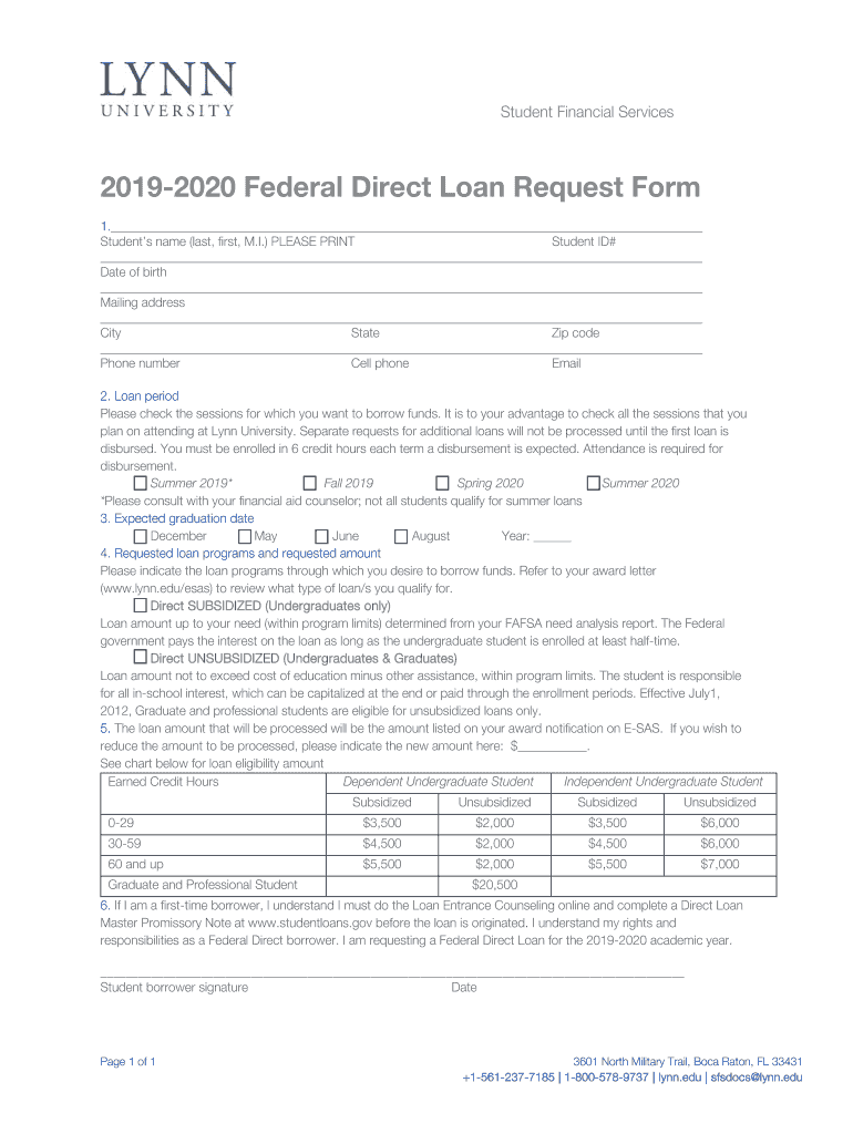 Fillable Online 2019-2020 Federal Direct Loan Request Form - Lynn ...