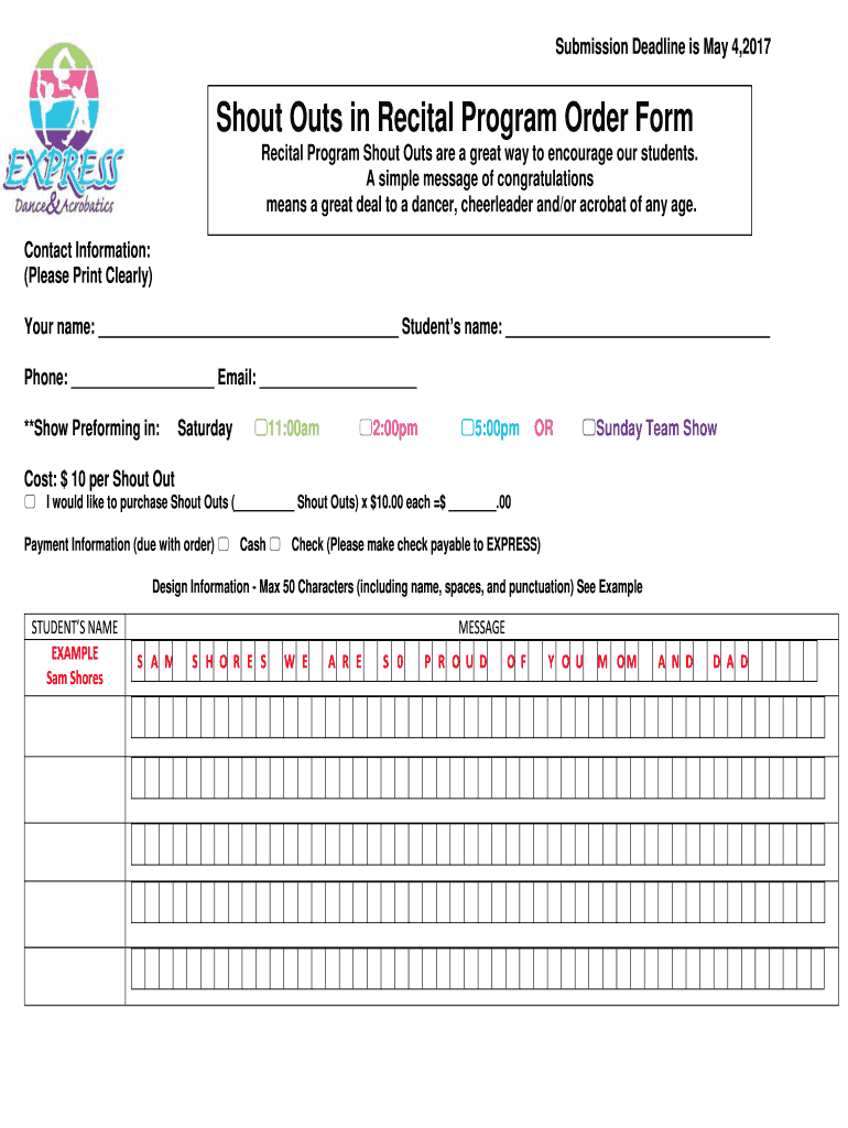 Fillable Online Shout Outs in Recital Program Order Form - Express ...