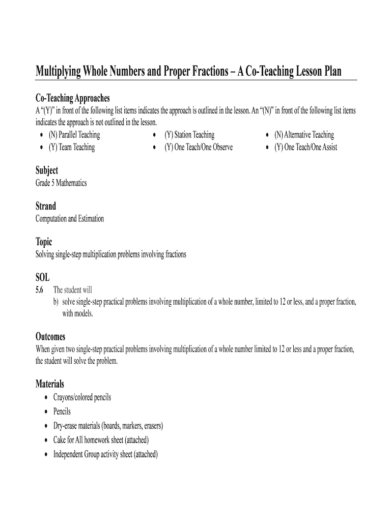 Fillable Online A Co-Teaching Lesson Plan - Virginia Department of ...