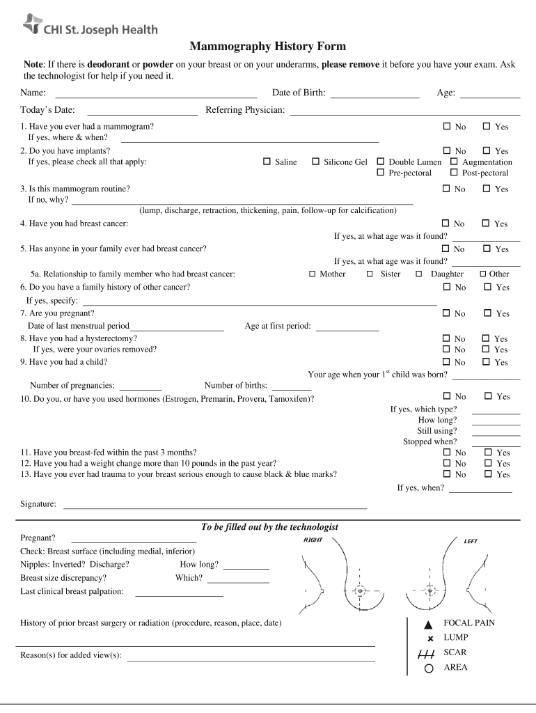 Fillable Online Mammography History Form LUMP / / / SCAR - CHI St ...