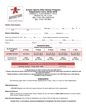 Fillable Online Aviator Sports After School Program Application 2018 ...