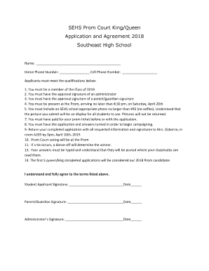 Fillable Online SEHS Prom Court King/Queen Application and Agreement ...