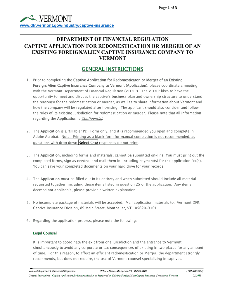 Fillable Online dfr vermont Updated Captive Application for ReDomestication 2018 Fax Email Print ...