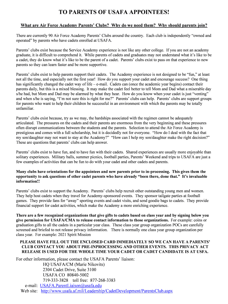 Fillable Online TO ALL USAFA AND PREP SCHOOL PARENTS OF CADETS/CADET ... Fax Email Print - pdfFiller