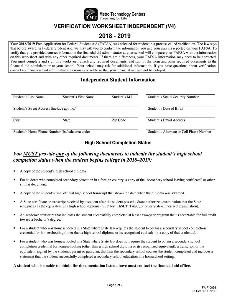 Fillable Online 2018-19 Verification Worksheet Independent Student ...