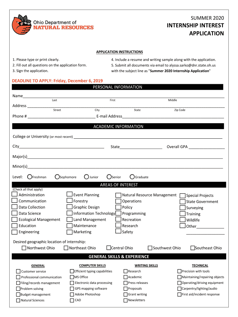 Fillable Online ODNR Summer 2020 Internship Interest Application Fax ...