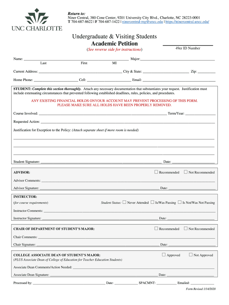 2020 UNCC Academic Petition Form Fill Online, Printable, Fillable, Blank - pdfFiller