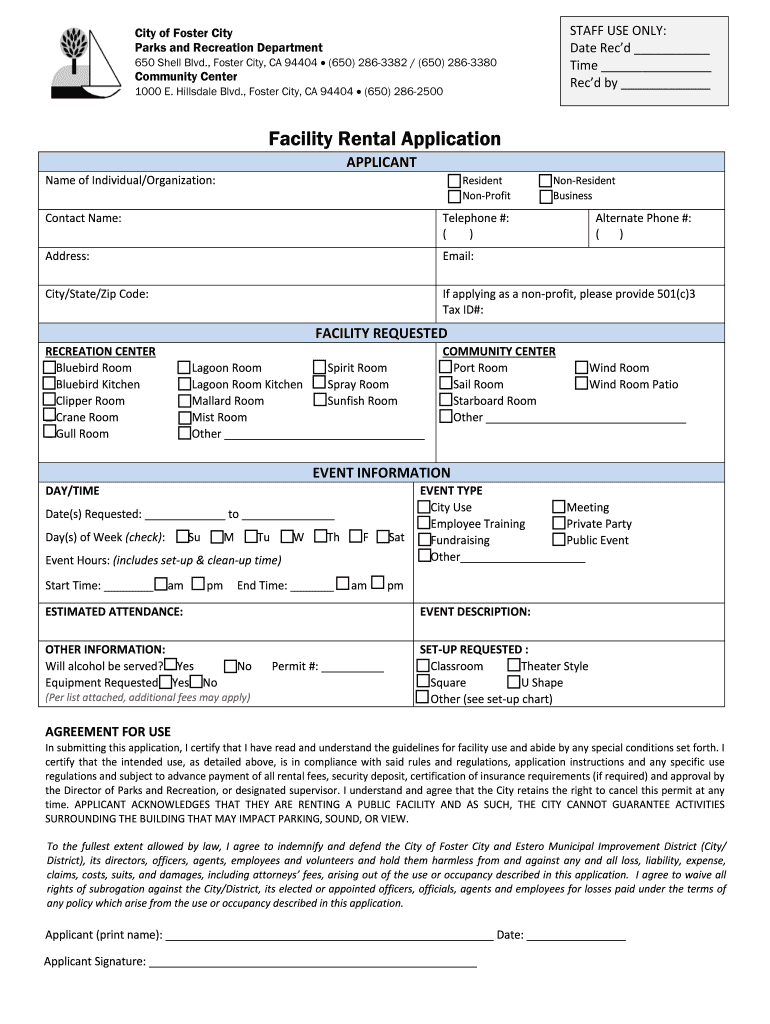 Fillable Online Facility Rental Application Packet - City of Foster ...