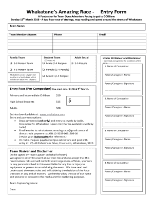 Fillable Online Whakatane's Amazing Race - Entry Form $ Fax Email Print ...
