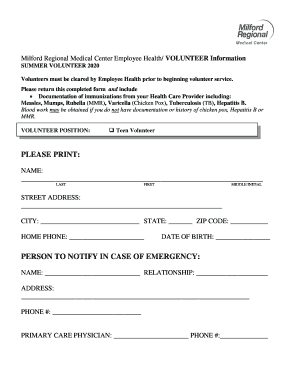 Fillable Online Employee Health Information Sheet - Milford Regional ...