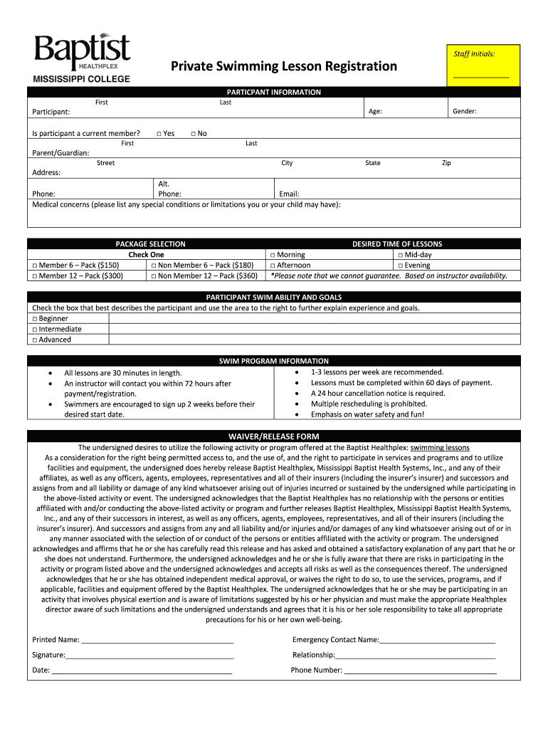 Fillable Online Private Swimming Lesson Registration - Baptist Healthplex Fax Email Print ...