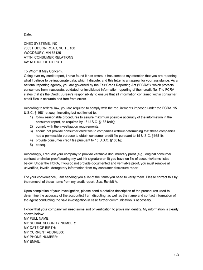 Chexsystems Dispute Letter Template