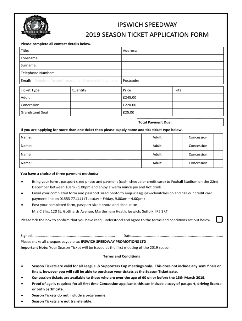 Fillable Online ipswich speedway 2019 season ticket application form ...