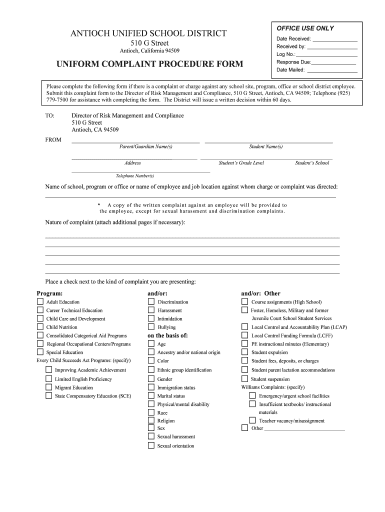 Fillable Online antioch unified school district uniform complaint ...