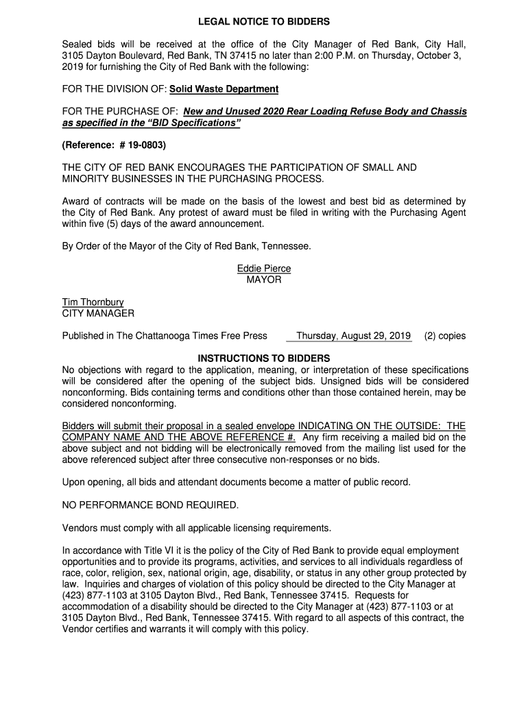 Fillable Online LEGAL NOTICE TO BIDDERS Sealed bids will be received at ...
