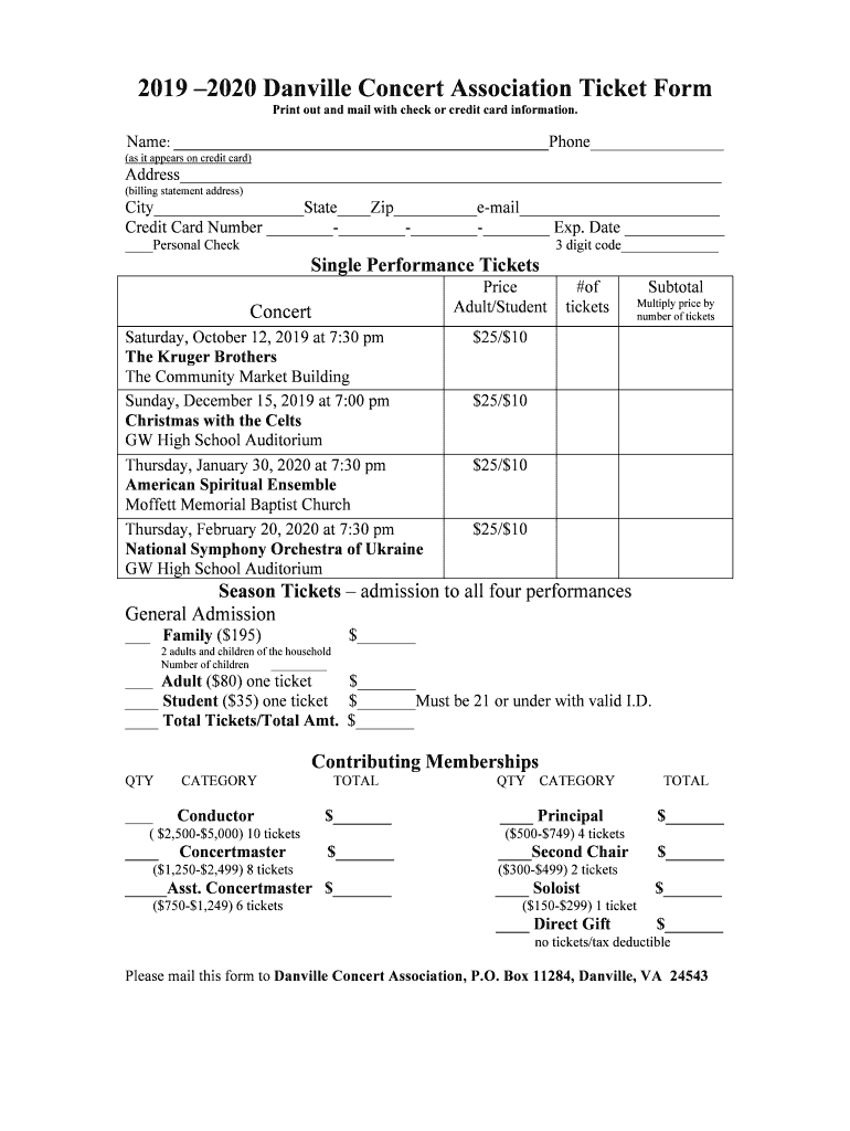 Fillable Online 2019 2020 Danville Concert Association Ticket Form Fax ...