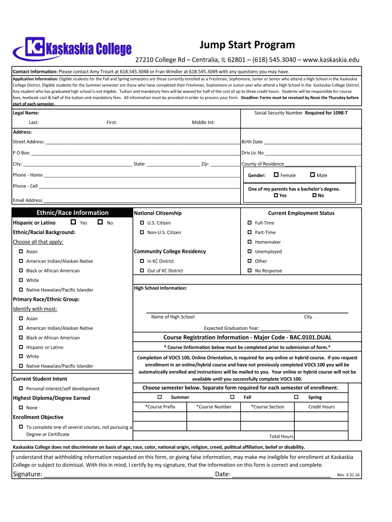 Fillable Online Fillable Online kaskaskia Jumpstart Application ...
