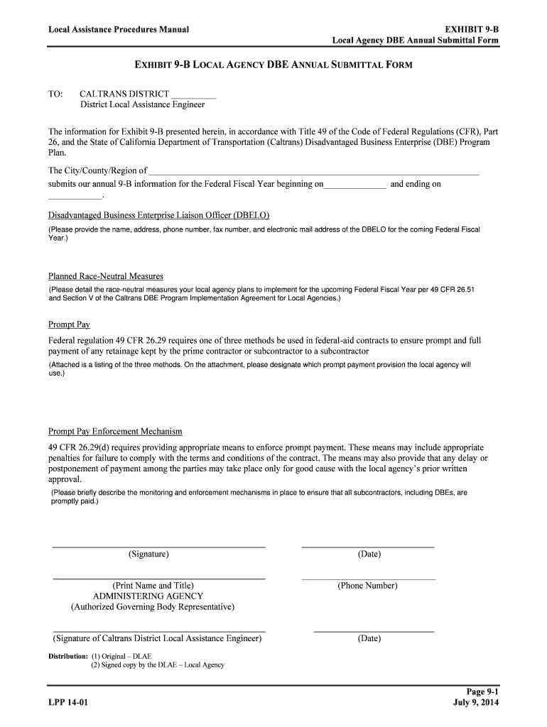 Fillable Online LAPM Chapter 9 exhibit 9B local agency DBE annual ...