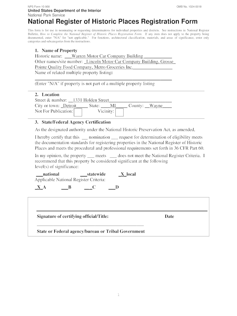 Fillable Online Historic name: Warren Motor Car Company Building Fax ...