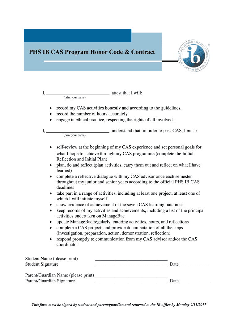 Fillable Online phs psdschools PHS IB CAS Program Honor Code & Contract ...