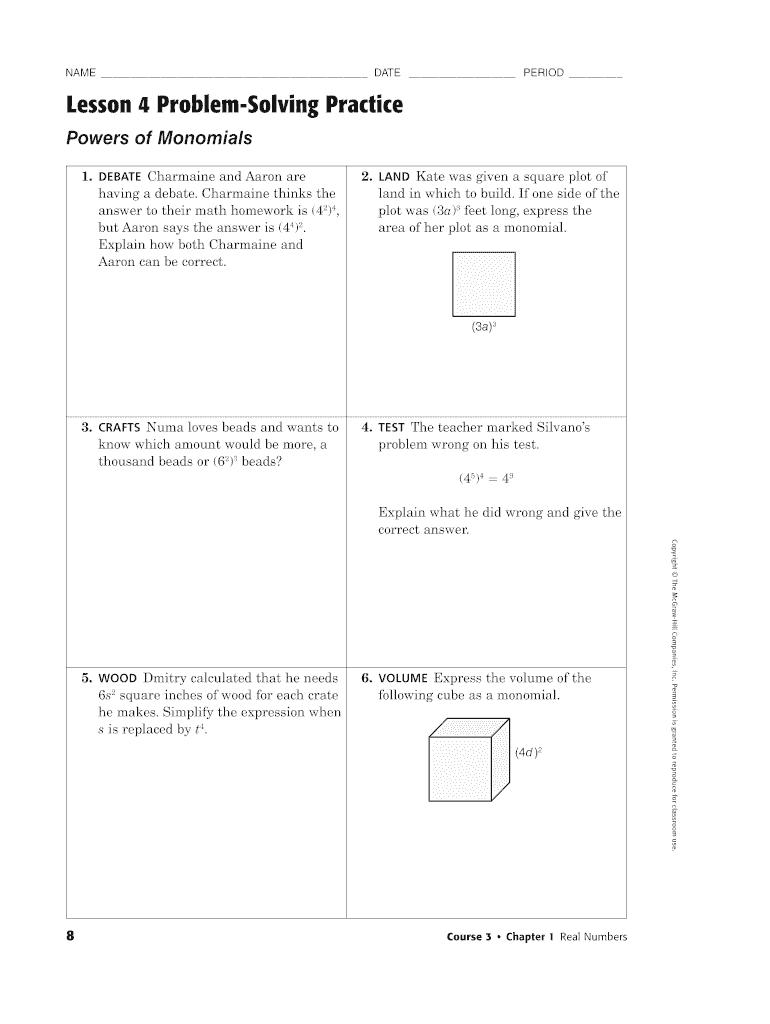Lesson 4 Problem Solving Practice Powers Of Monomials Answer Key - Fill ...