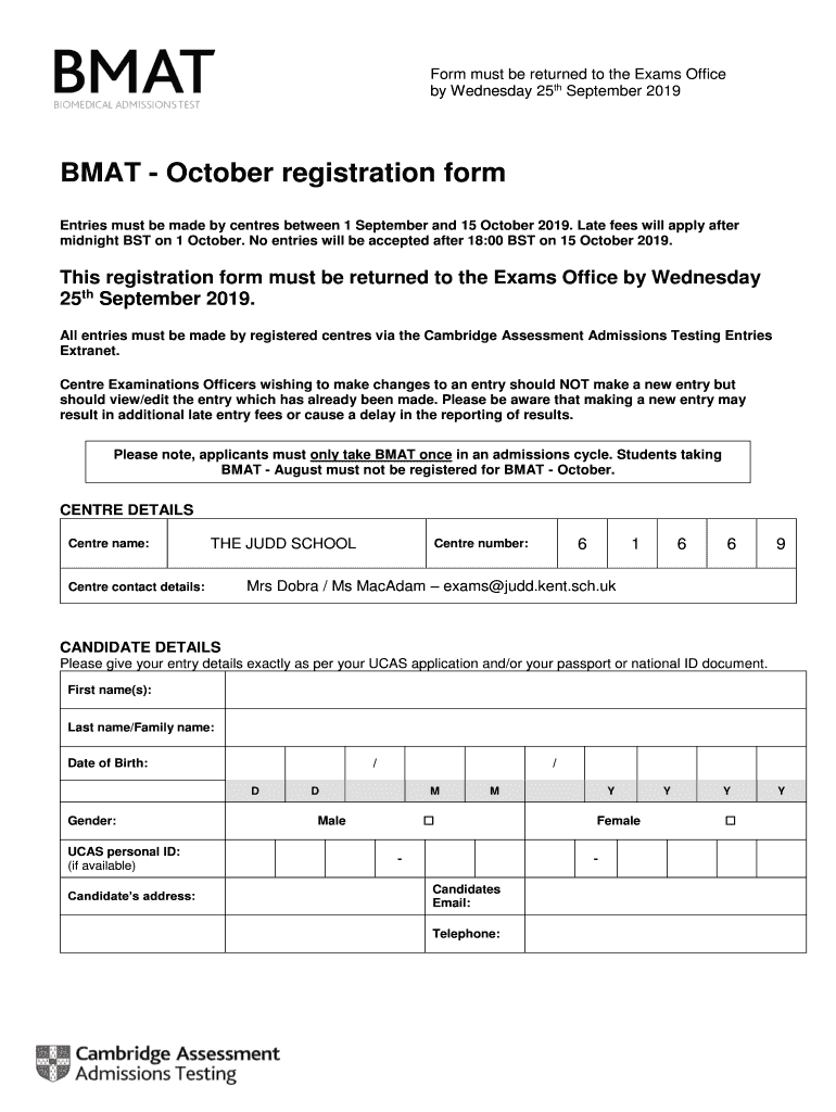 Fillable Online BMAT - October registration form - The Judd School Fax ...