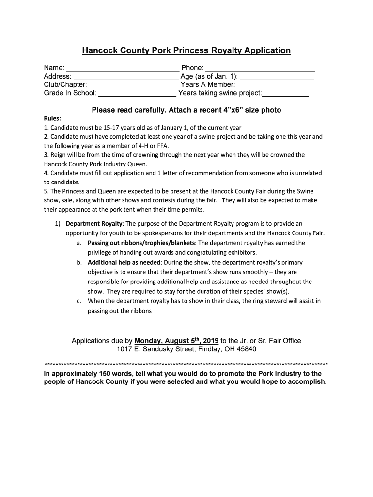 Fillable Online Hancock County Pork Princess Royalty Application Fax ...