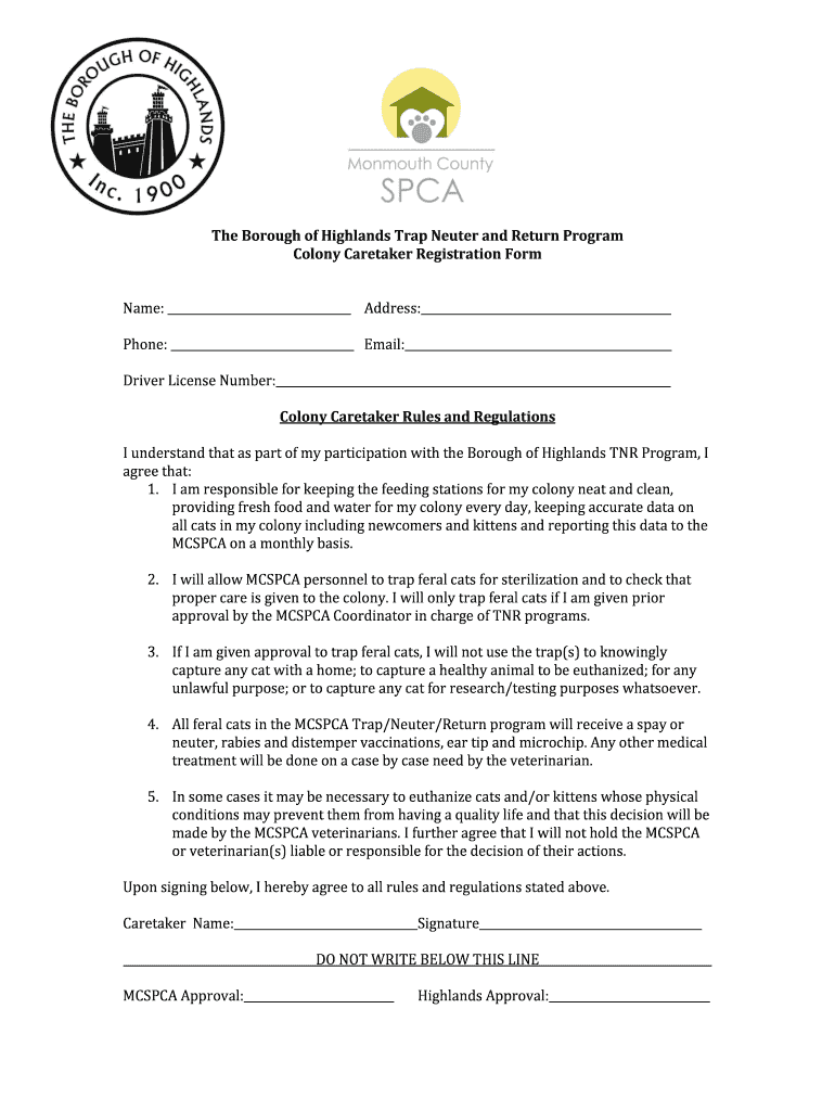 Fillable Online Forms TNR Program - Borough of Highlands Fax Email ...