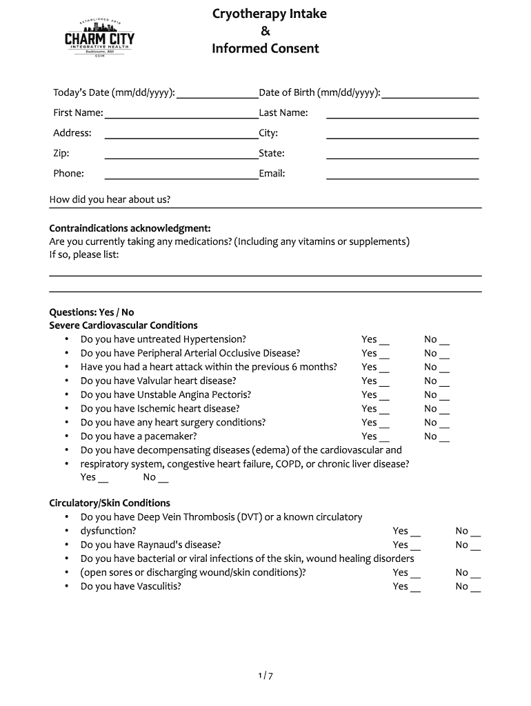 Fillable Online Cryotherapy Intake Fax Email Print - pdfFiller