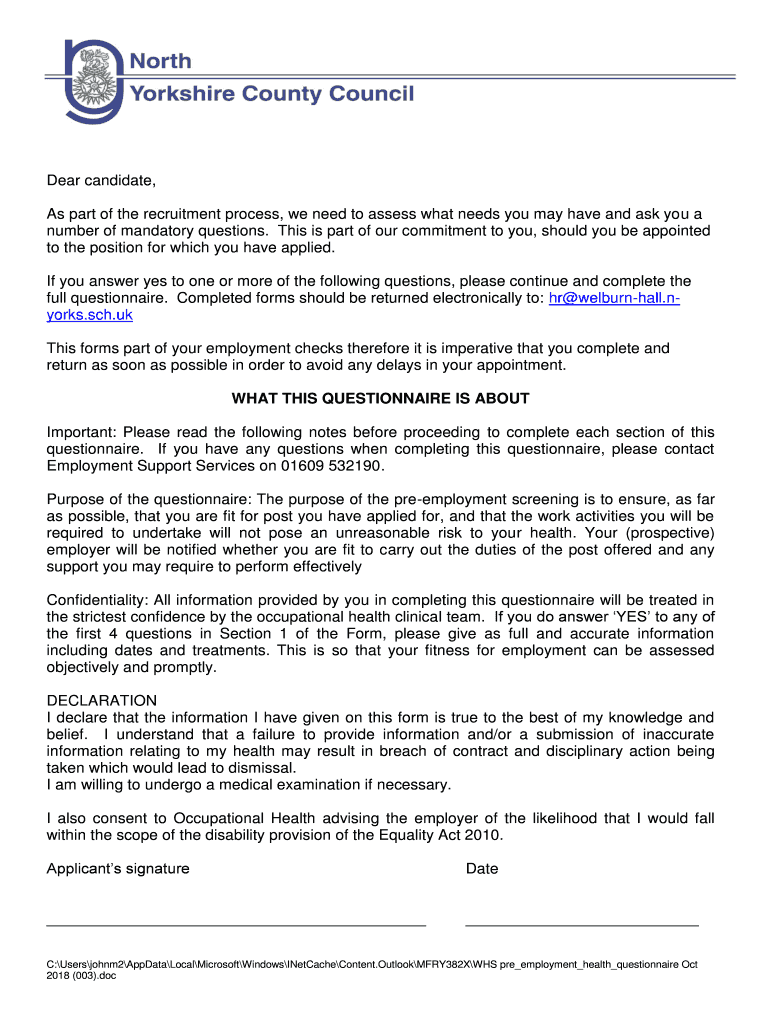 Fillable Online pre employment health questionnaire - self declaration ...