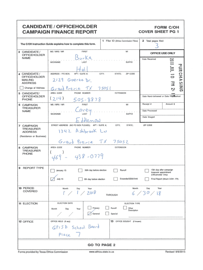 Fillable Online CANDIDATE/ OFFICEHOLDER FORM C/OH CAMPAIGN FINANCE ...