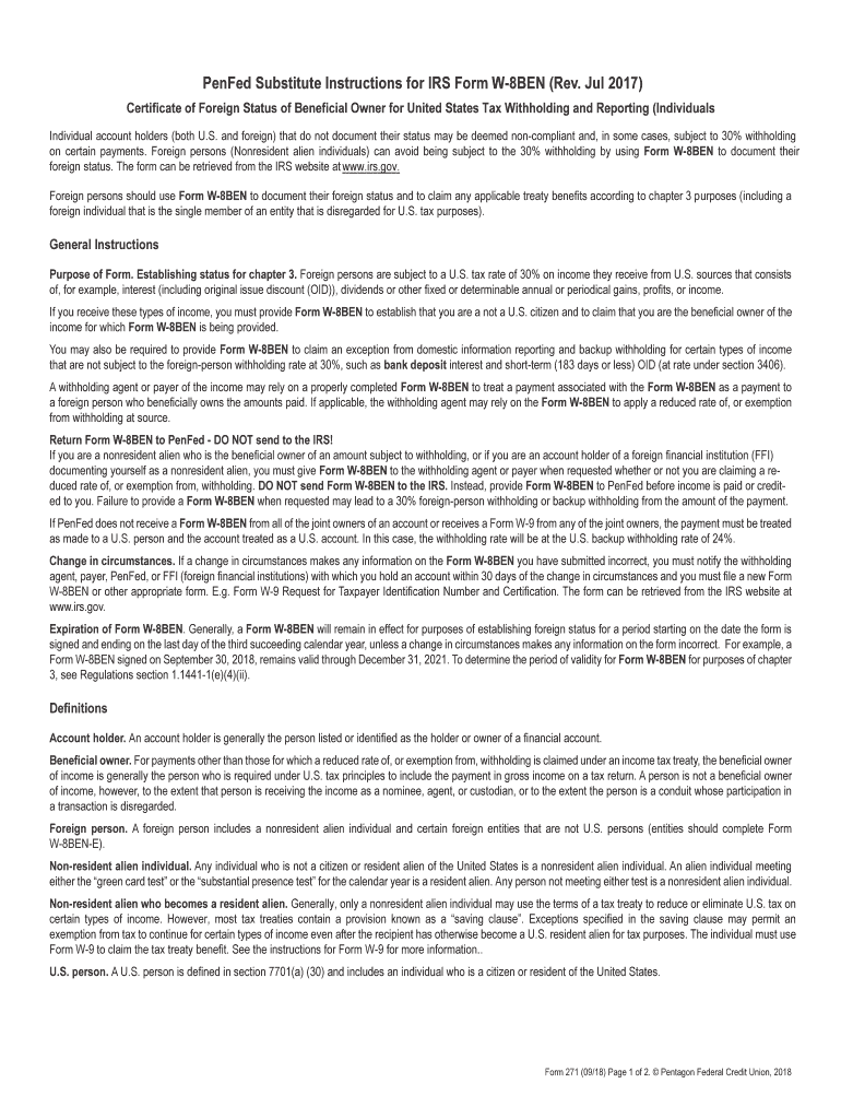 Fillable Online Form 271 PenFed Substitute Instructions for IRS Form W ...