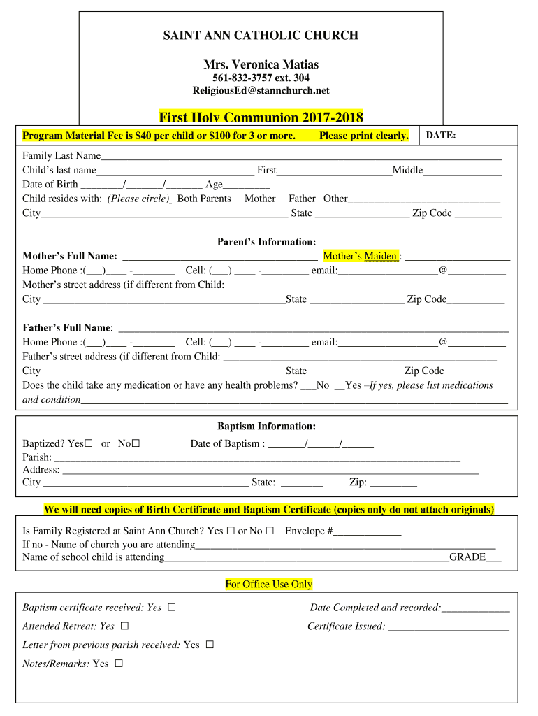 Fillable Online First Holy Communion 2017-2018 - St. Ann Catholic Church Fax Email Print - pdfFiller