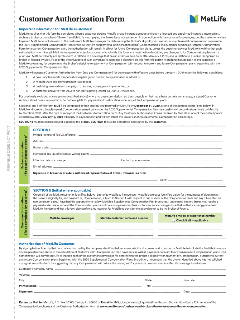 Fillable Online Customer authorization form - MetLife Fax Email Print - pdfFiller