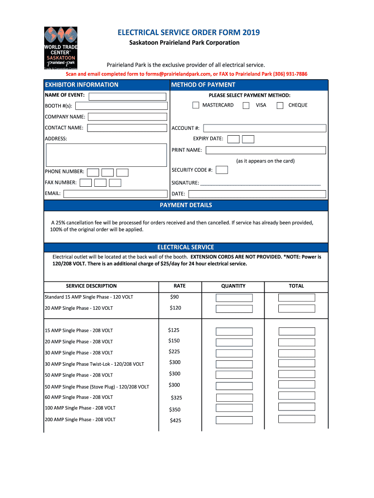 Fillable Online electrical service order form 2019 - Sask Snow Show Fax ...
