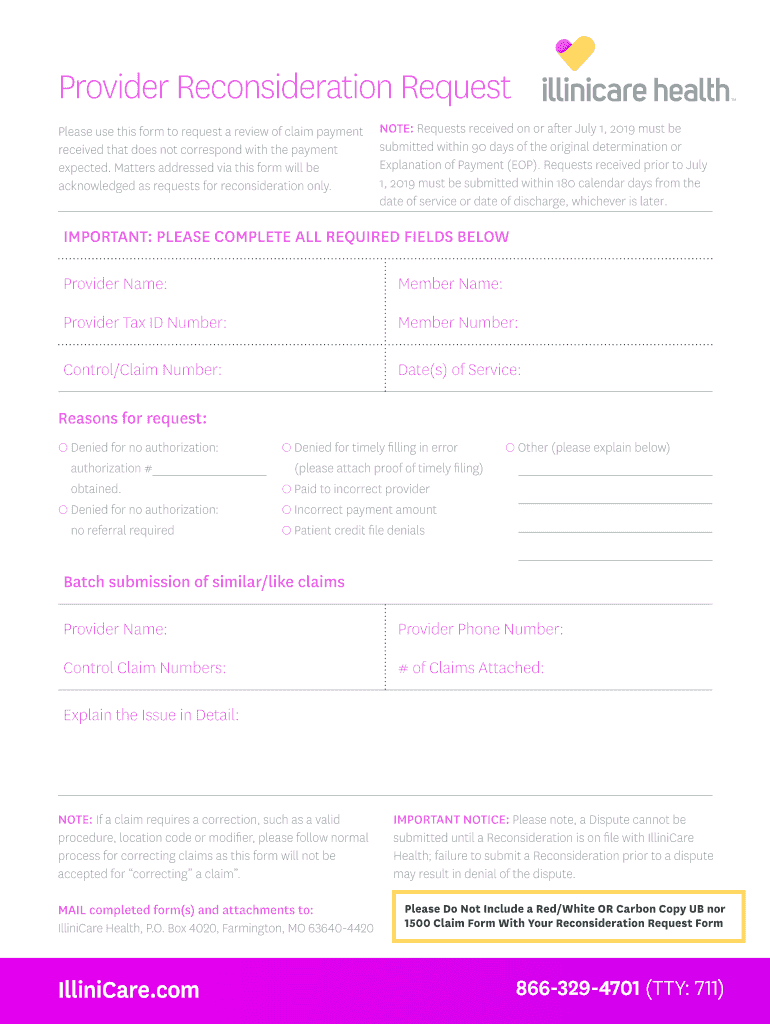 Fillable Online ICH - Provider Reconsideration Request. Provider ...