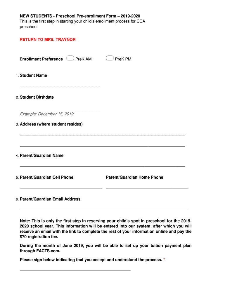 Fillable Online NEW STUDENTS - Preschool Pre-enrollment Form 2019 ...