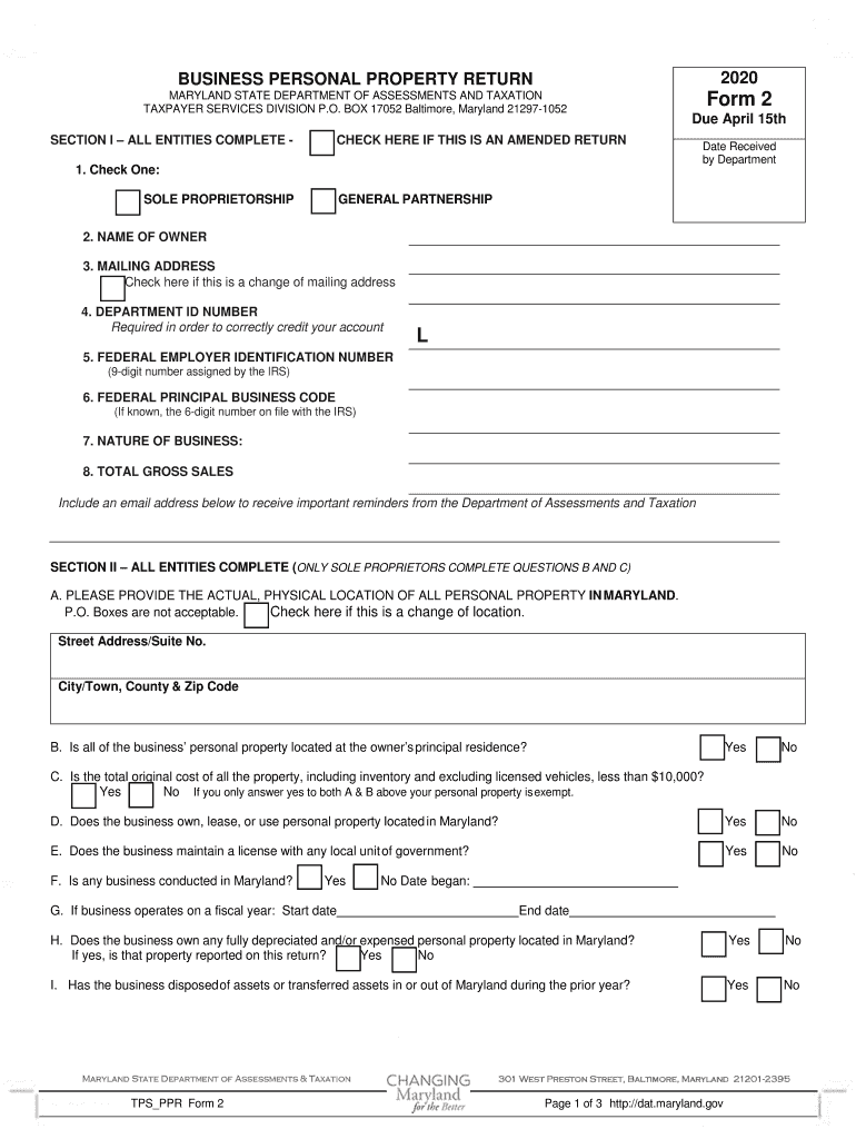 Fillable Online BUSINESS PERSONAL PROPERTY RETURN - Form 2 2020 ...