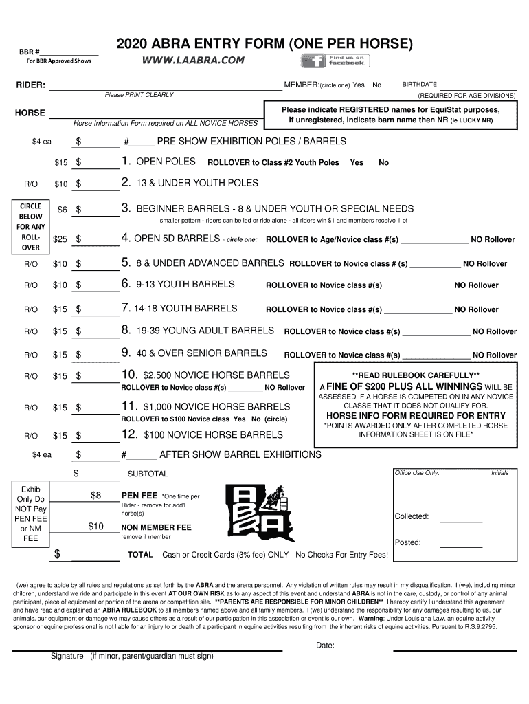 Fillable Online 2020 ABRA ENTRY FORM (ONE PER HORSE) Fax Email Print ...
