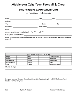 Fillable Online 2019 PHYSICAL EXAMINATION FORM Fax Email Print - pdfFiller