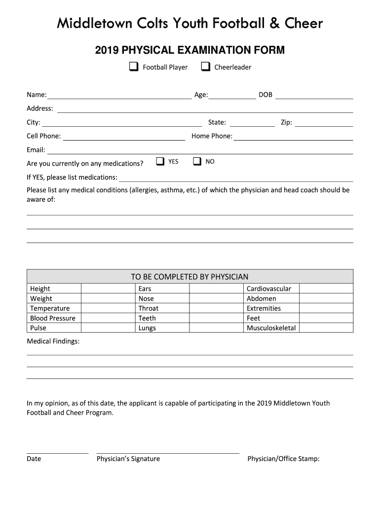 Fillable Online 2019 PHYSICAL EXAMINATION FORM Fax Email Print - pdfFiller